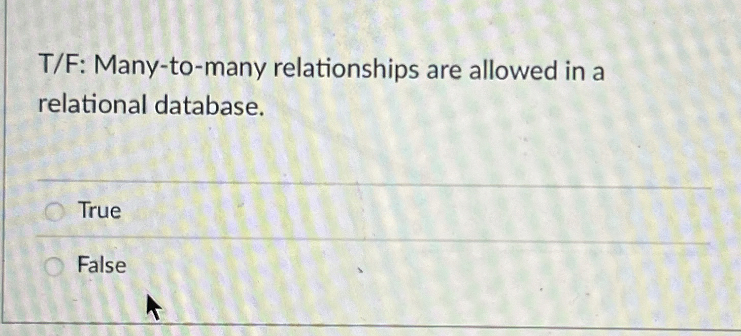 Solved T/F: Many-to-many relationships are allowed in | Chegg.com