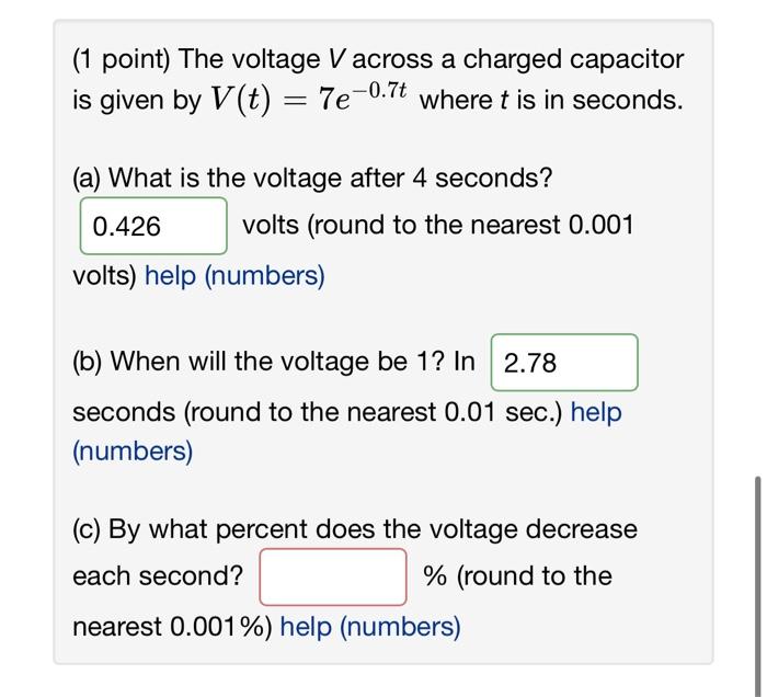 Solved (1 point) The voltage V across a charged capacitor is | Chegg.com
