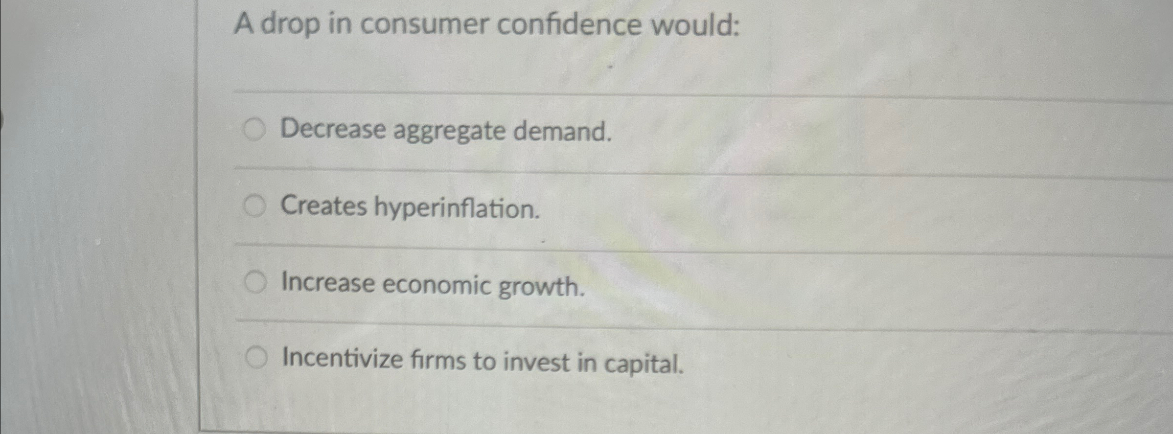 Solved A drop in consumer confidence would:q,Decrease | Chegg.com