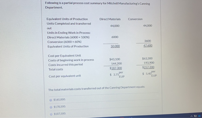 Solved Following is a partial process cost summary for | Chegg.com
