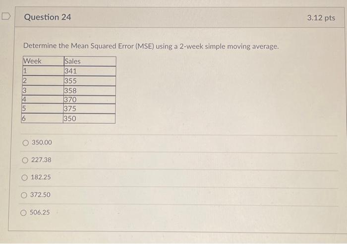 Solved Determine the Mean Squared Error (MSE) using a 2-week | Chegg.com