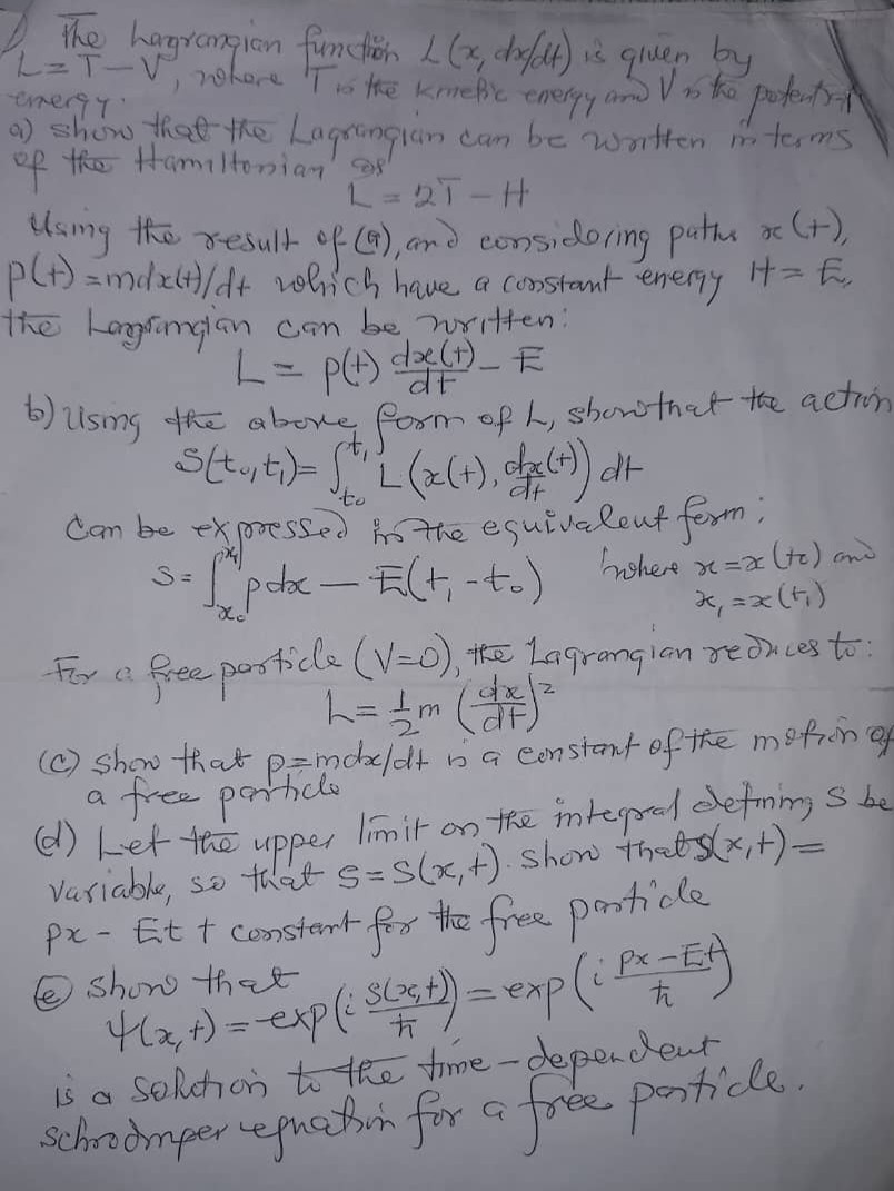 Solved The Lagrangian function L(x,dxdt) ﻿is given by L=T-V, | Chegg.com