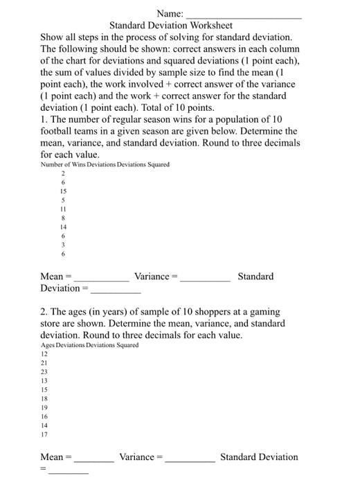 Solved Name: Standard Deviation Worksheet Show all steps in | Chegg.com