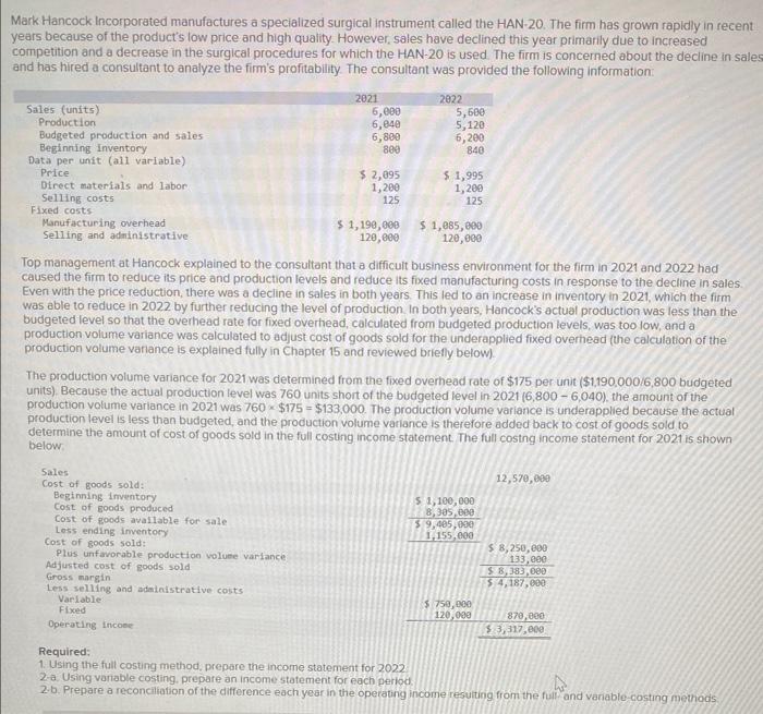 Solved Mark Hancock incorporated manufactures a specialized | Chegg.com