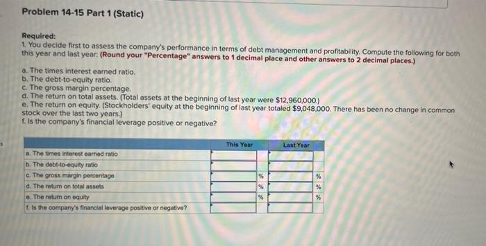 Solved Problem 14-15 (Static) Comprehensive Ratio Analysis | Chegg.com