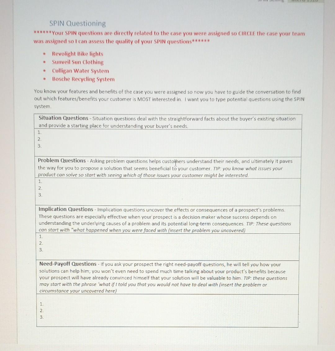Solved SPIN Questioning * *e * Your SPIN questions are | Chegg.com