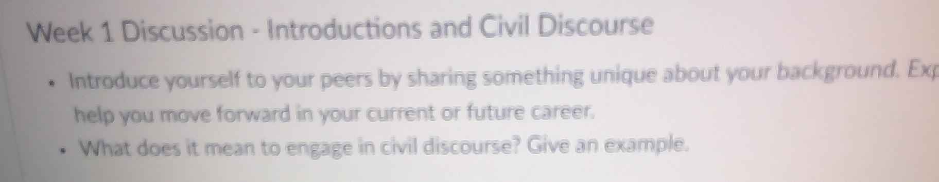 Solved Week 1 ﻿Discussion - ﻿Introductions and Civil | Chegg.com
