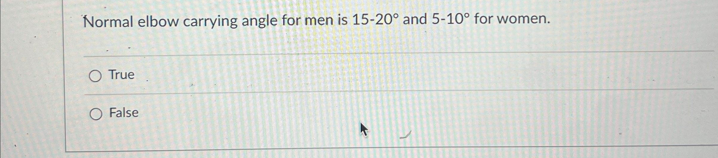 Solved Normal elbow carrying angle for men is 15-20° ﻿and | Chegg.com