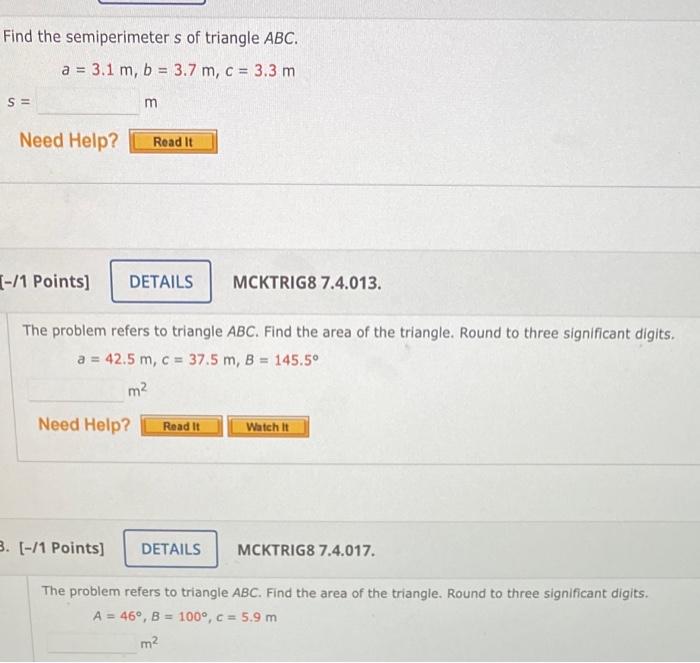 Solved Find the semiperimeter s of triangle ABC. a = 3.1 m, | Chegg.com