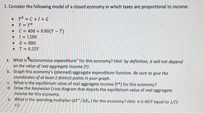 Solved 1. Consider the following model of a closed economy | Chegg.com