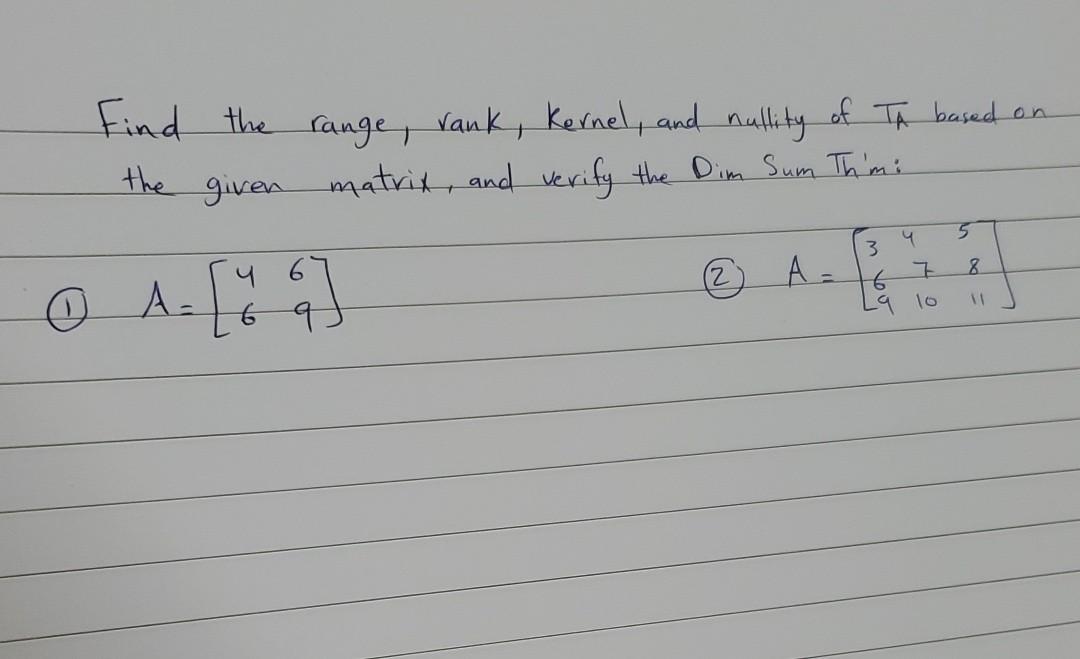 Solved the Find range, rank, kernel, and nullity of TA based | Chegg.com