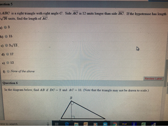 Solved mestion 5 ABC is a right triangle with right angle C. | Chegg.com