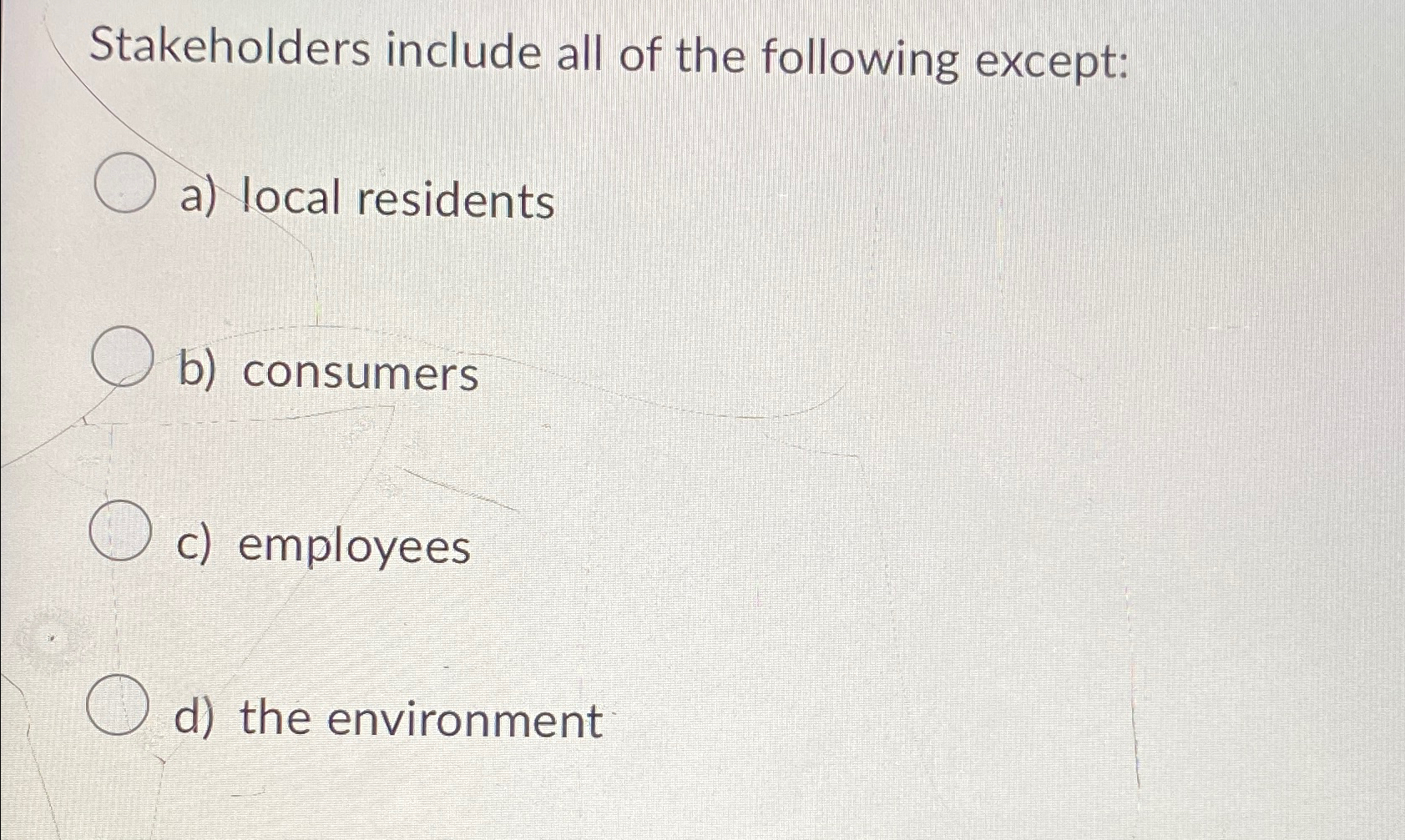 Solved Stakeholders include all of the following except:a) | Chegg.com