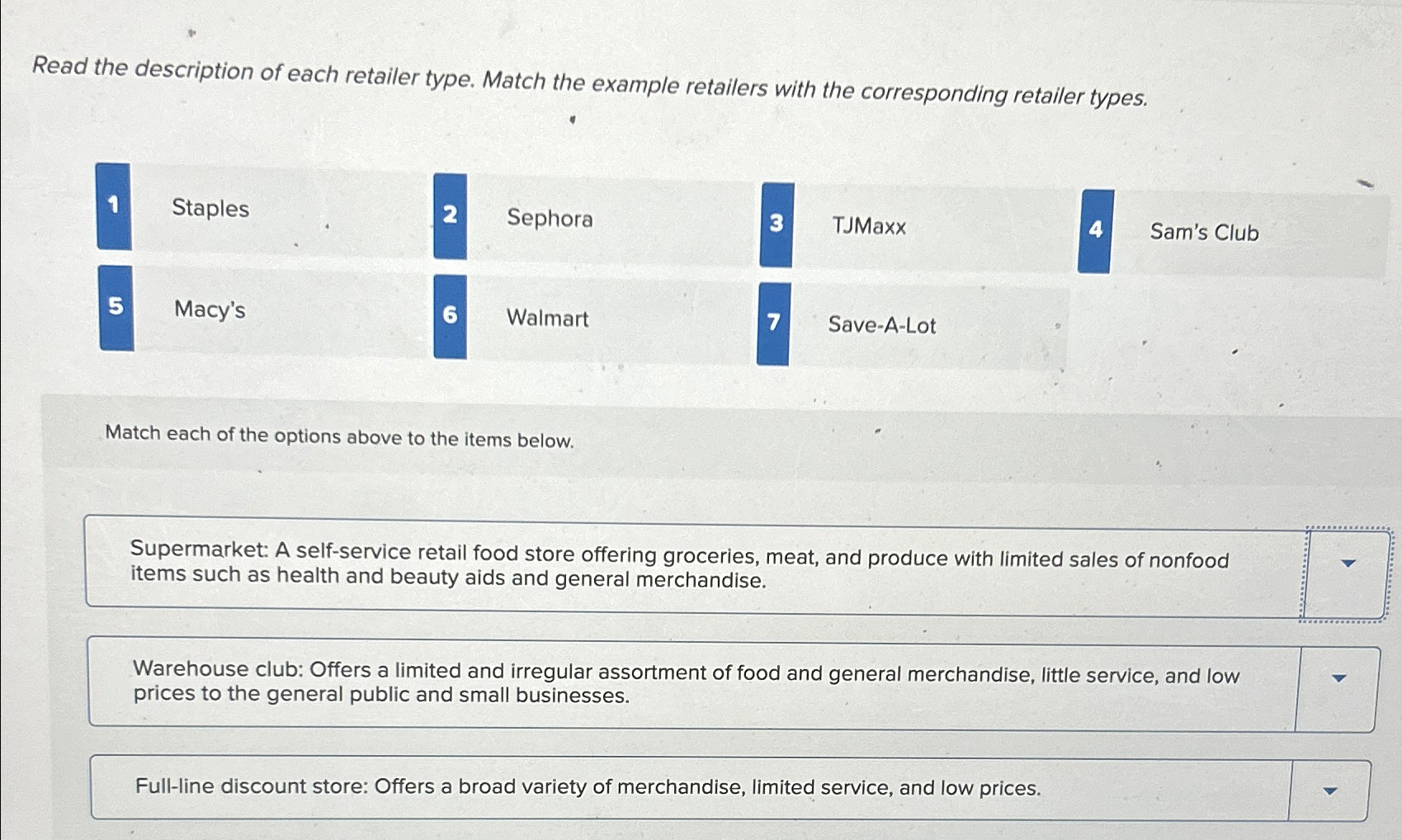 Solved Read the description of each retailer type. Match the | Chegg.com