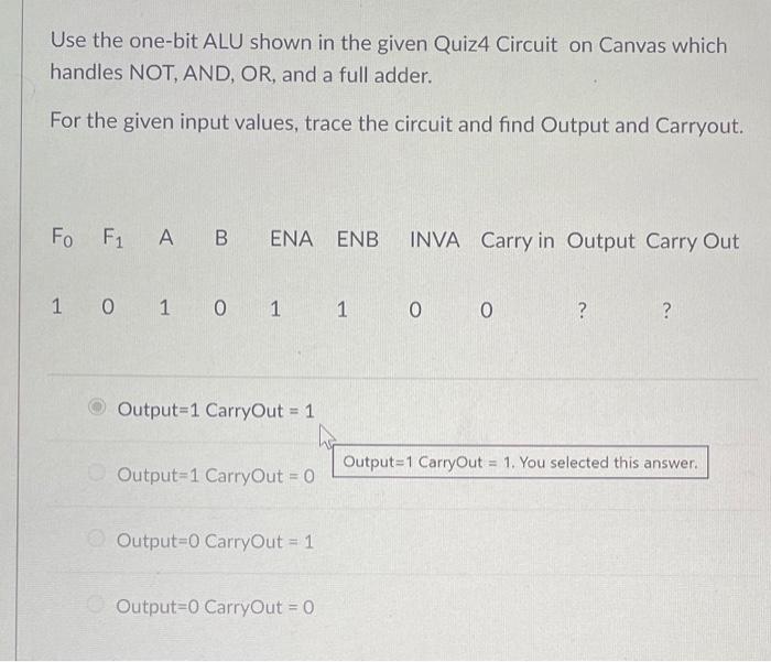 Use the one-bit ALU shown in the given Quiz4 Circuit | Chegg.com
