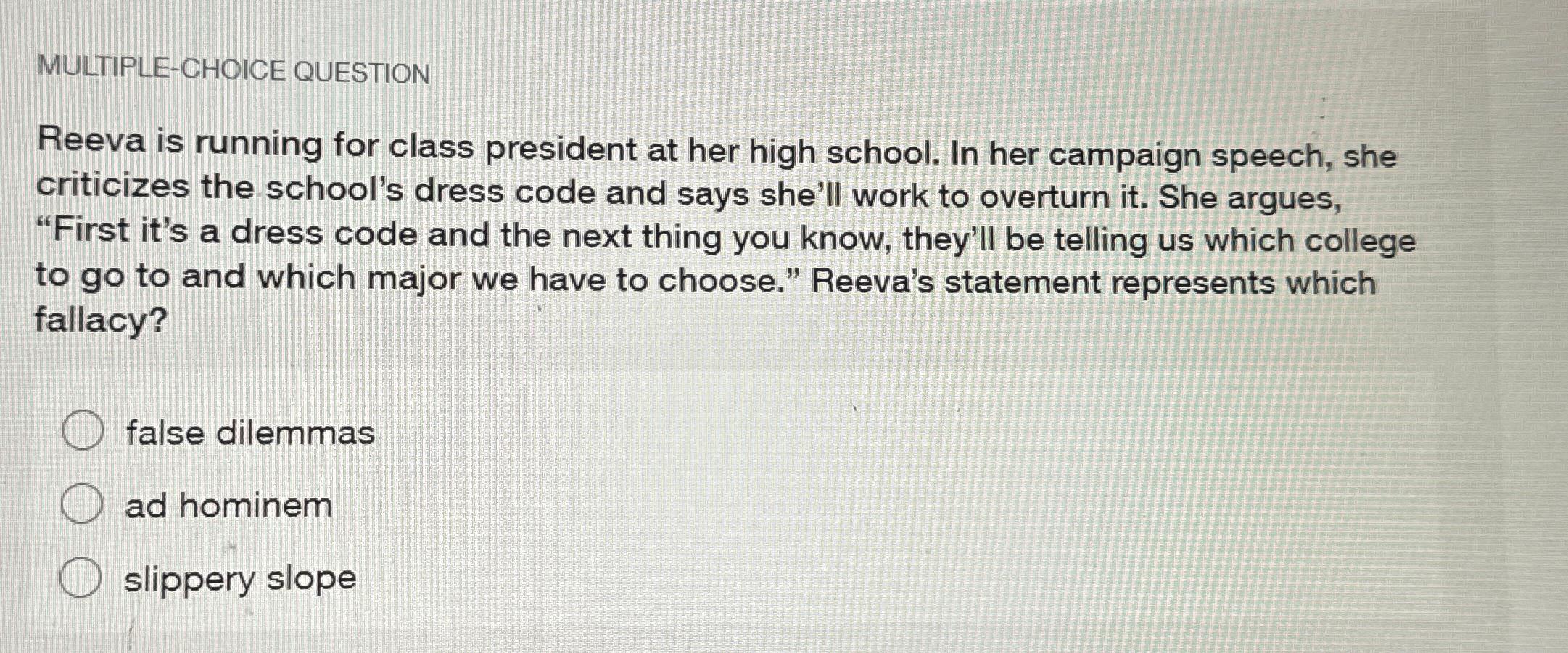 Solved MULTIPLE-CHOICE QUESTIONReeva is running for class | Chegg.com
