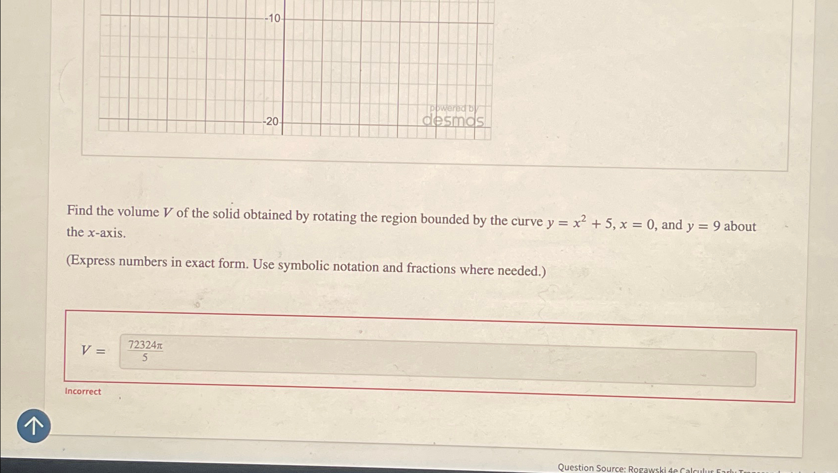 Solved Find the volume V ﻿of the solid obtained by rotating | Chegg.com
