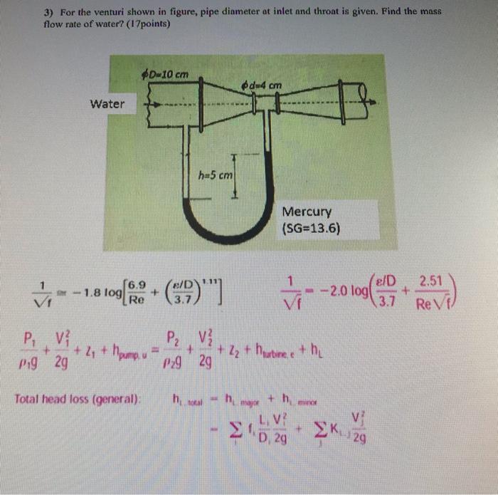 Solved 3) For the venturi shown in figure, pipe diameter at | Chegg.com