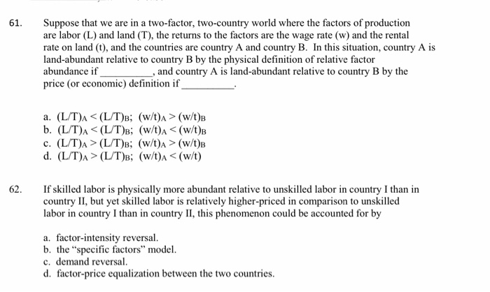 Solved 61 Suppose that we are in a two-factor, two-country | Chegg.com