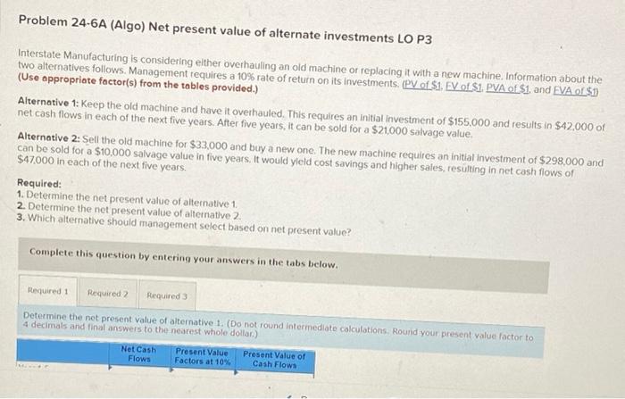 Solved Problem 24-6A (Algo) Net present value of alternate | Chegg.com