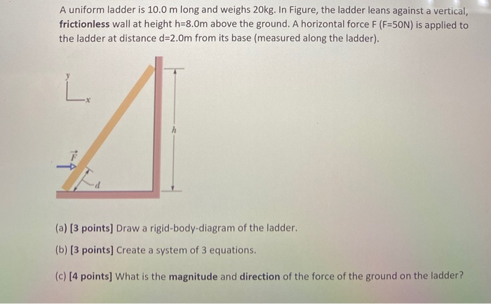 Solved A uniform ladder is 10.0 m long and weighs 20kg. In | Chegg.com