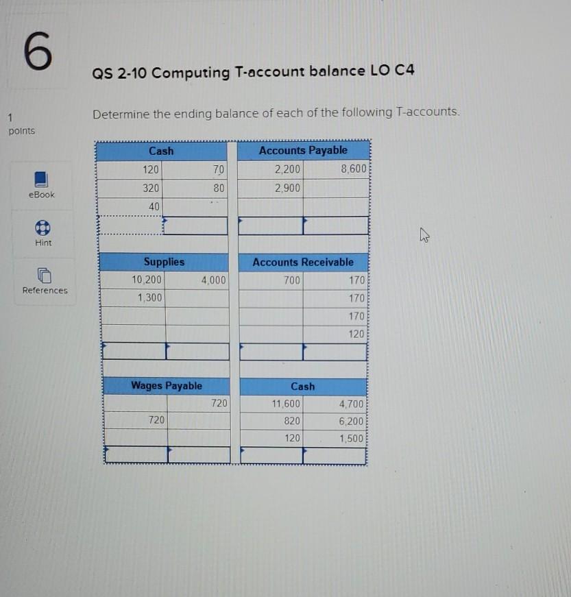 Solved 6 QS 2-10 Computing T-account balance LO C4 Determine | Chegg.com Solved 6 QS 2-10 Computing T-account balance LO C4 Determine | Chegg.com