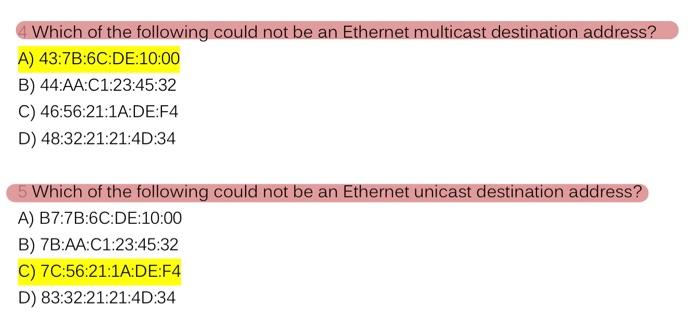 Solved Which of the following could not be an Ethernet | Chegg.com