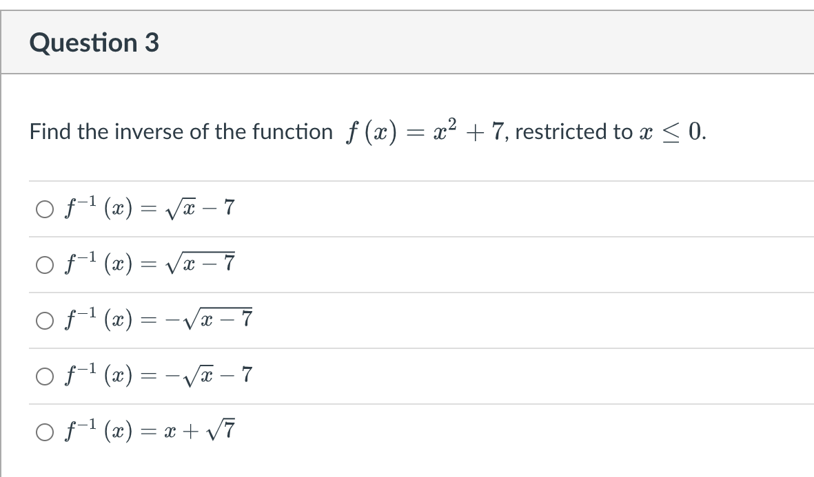 Solved Question 3Find the inverse of the function f(x)=x2+7, | Chegg.com