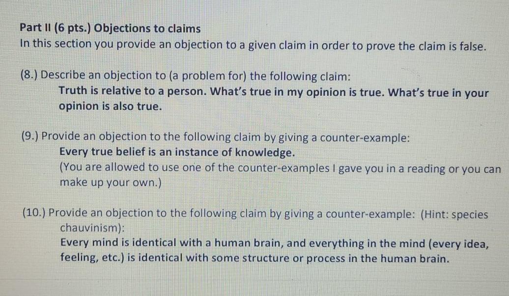Part II (6 pts.) Objections to claims In this section | Chegg.com