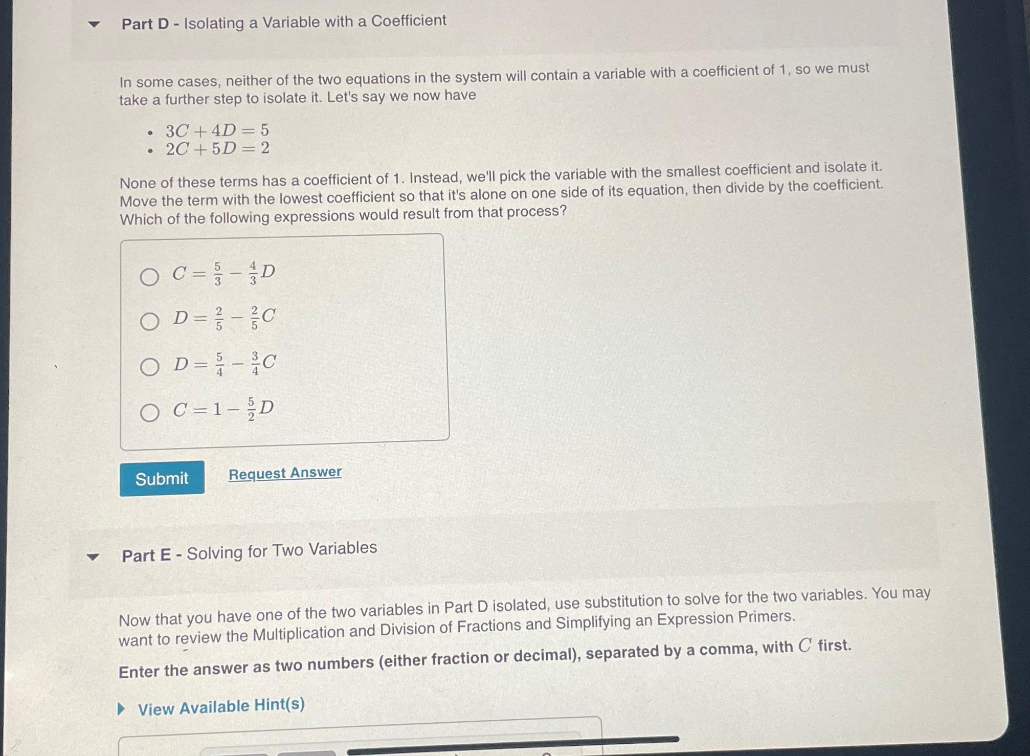 Solved Part D - ﻿Isolating a Variable with a CoefficientIn | Chegg.com