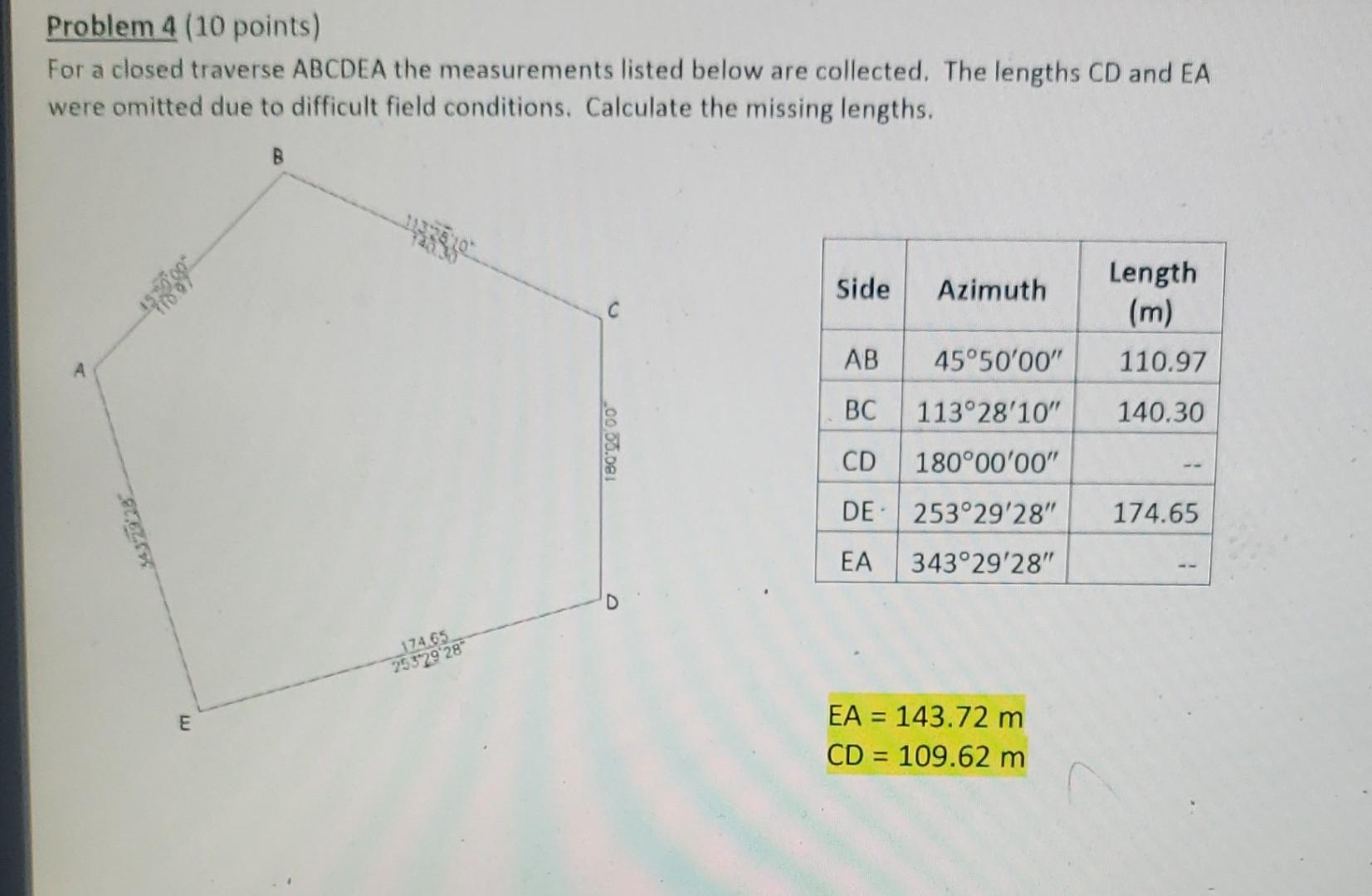 Solved Problem 4 (10 points) For a closed traverse ABCDEA | Chegg.com