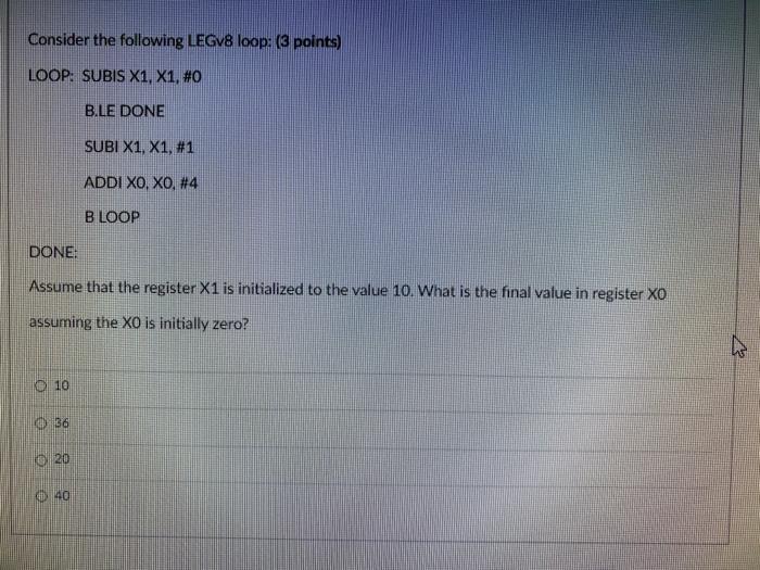 Solved Consider the following LEGV8 loop: (8 points) LOOP: | Chegg.com
