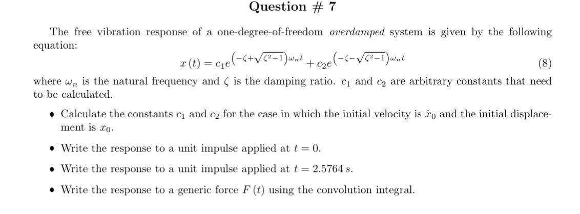 Solved Question # 7The free vibration response of a | Chegg.com
