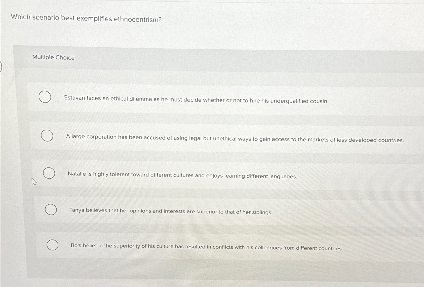 Solved Which scenario best exemplifies | Chegg.com