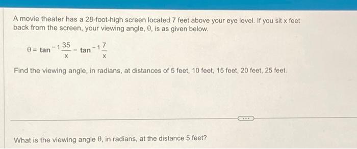 Solved A movie theater has a 28-foot-high screen located 7 | Chegg.com