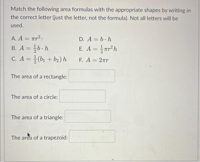 Solved Match the following area formulas with the | Chegg.com