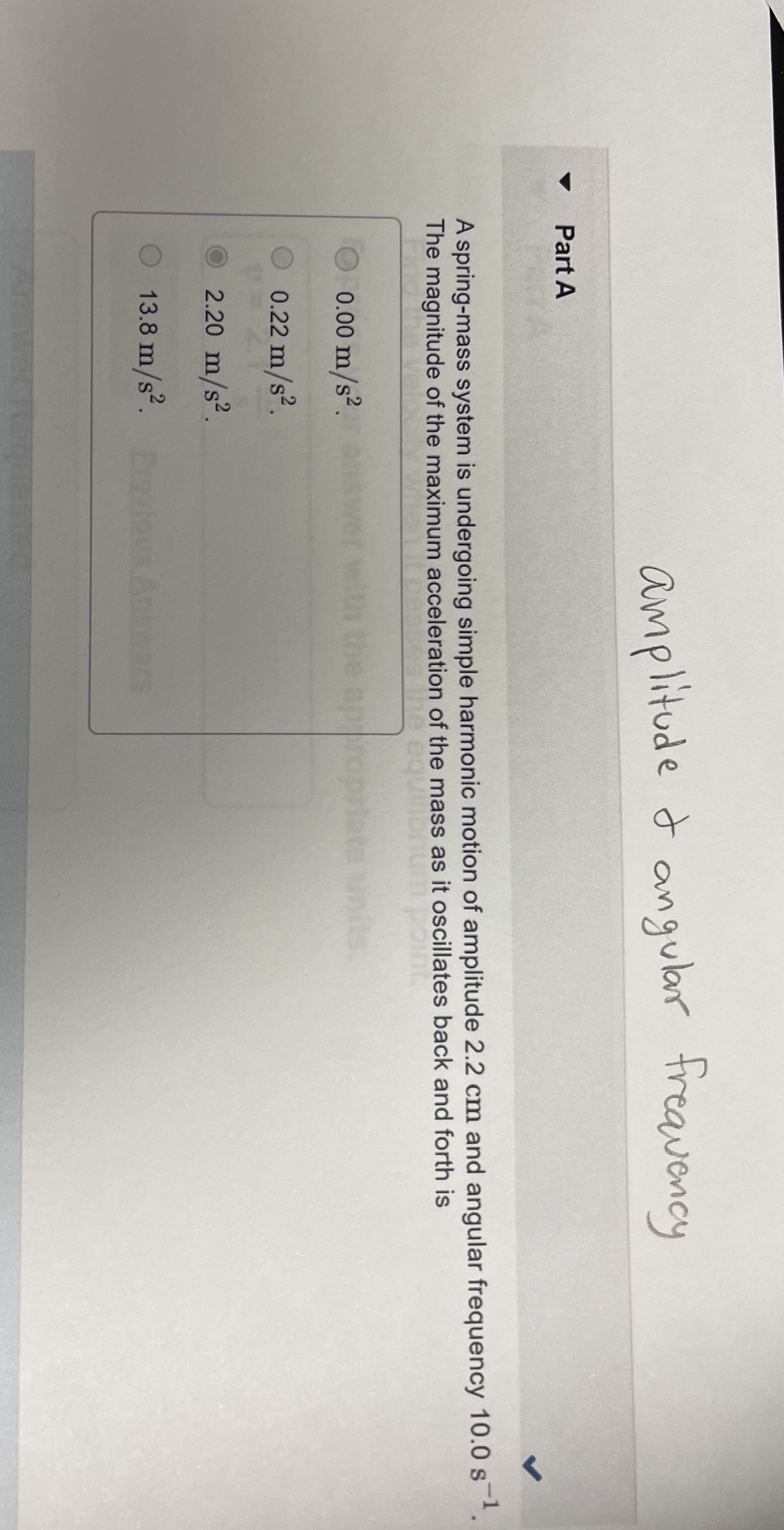 Solved amplitude γ ﻿angular frequencyPart AA spring-mass | Chegg.com
