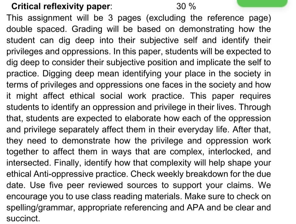 Critical reflexivity paper: 30 % This assignment will | Chegg.com