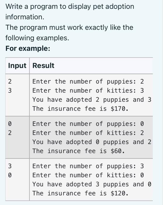 Solved Write a program to display pet adoption information. | Chegg.com