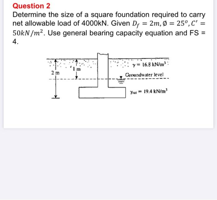 Solved Question 2 Determine the size of a square foundation | Chegg.com