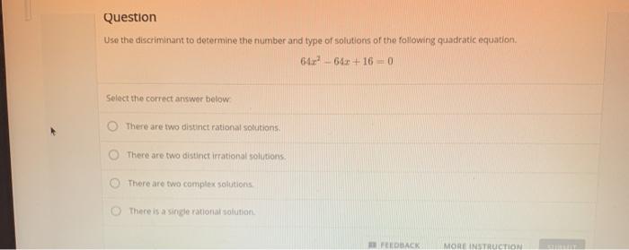 Solved Question Use the discriminant to determine the number | Chegg.com