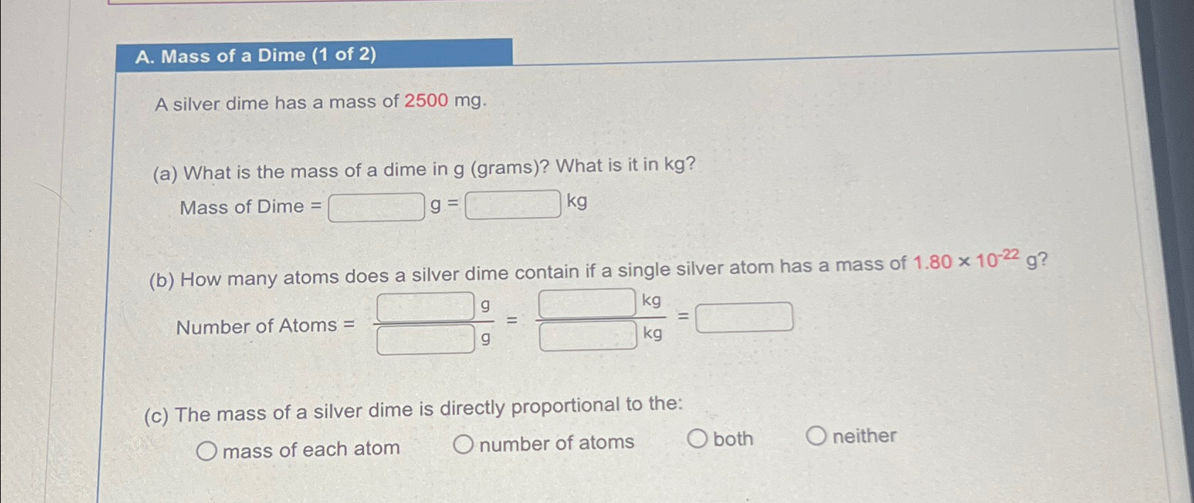 Solved A. ﻿Mass of a Dime (1 ﻿of 2 )A silver dime has a mass | Chegg.com