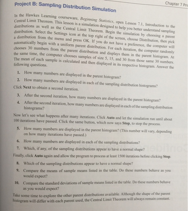 Solved Chapter 7 Pre Project B: Sampling Distribution | Chegg.com