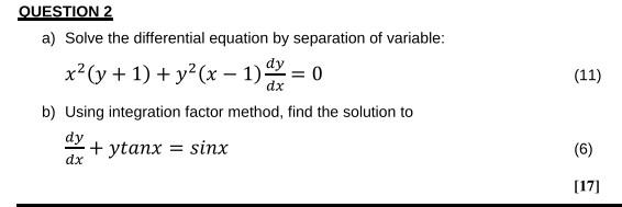 Solved a) Solve the differential equation by separation of | Chegg.com