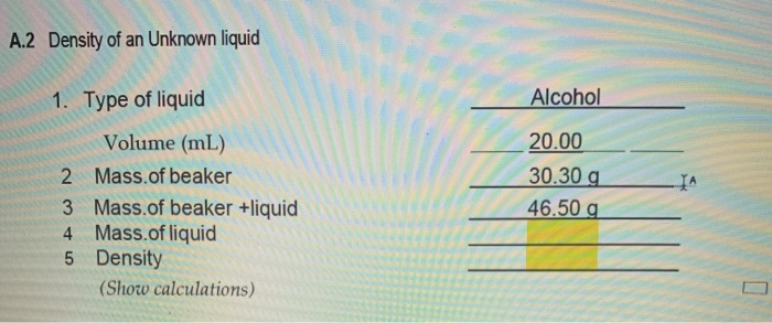 Solved A.2 Density of an Unknown liquid 1. Type of liquid | Chegg.com