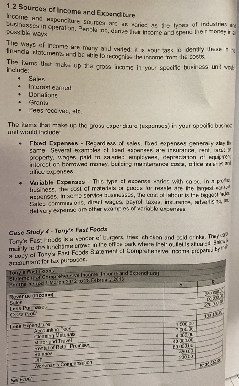 Solved In small groups, identify the sources of income and | Chegg.com