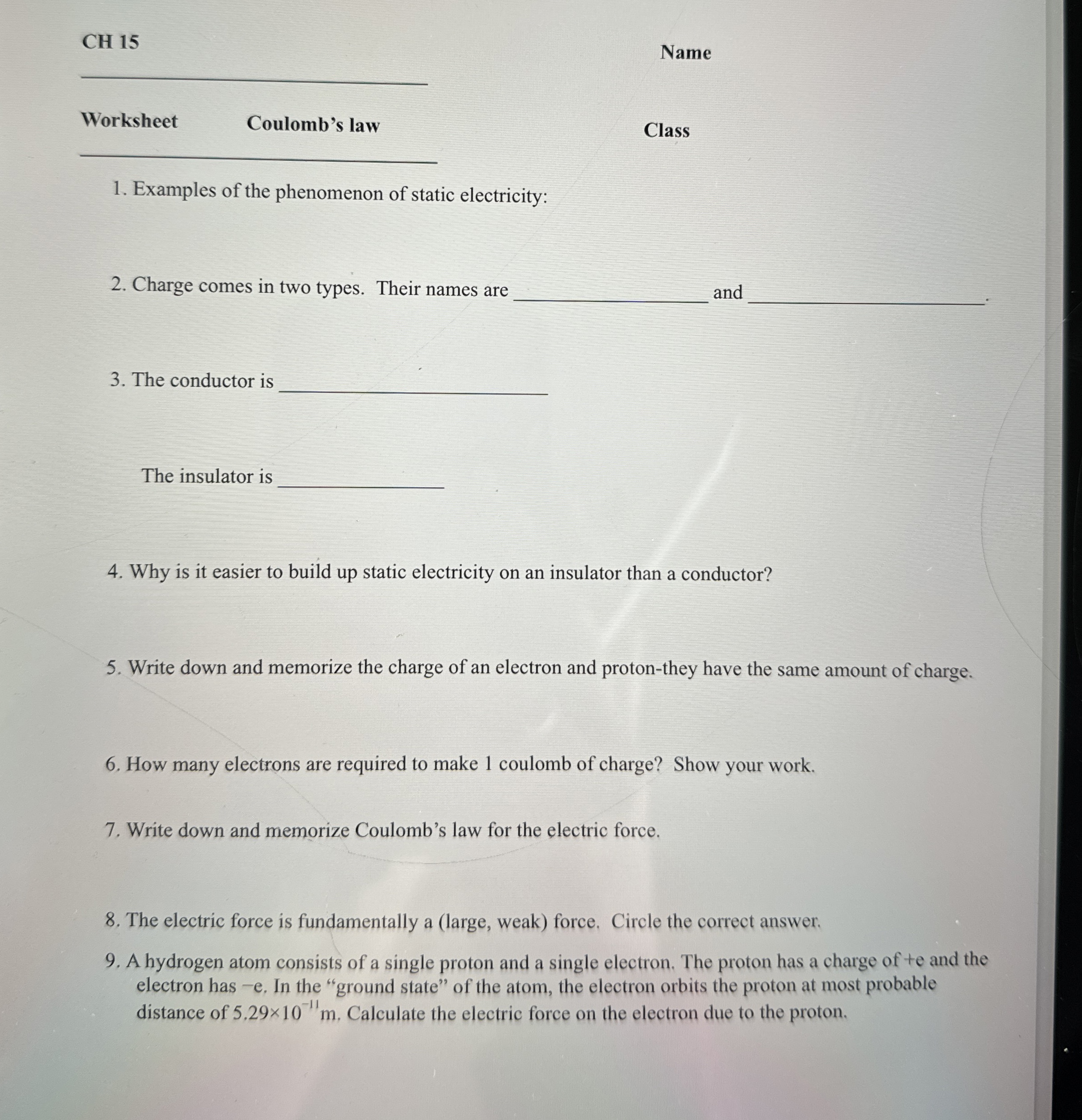 Solved CH 15NameWorksheetCoulomb's lawClassExamples of the | Chegg.com