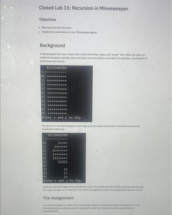Closed Lab 15: Recursion in Minesweeper Objectives - | Chegg.com
