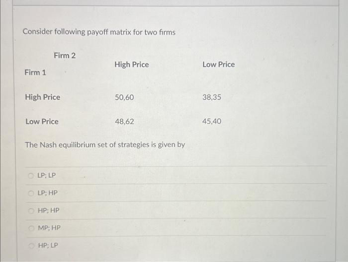 Solved Consider following payoff matrix for two firms The | Chegg.com Solved Consider following payoff matrix for two firms The | Chegg.com