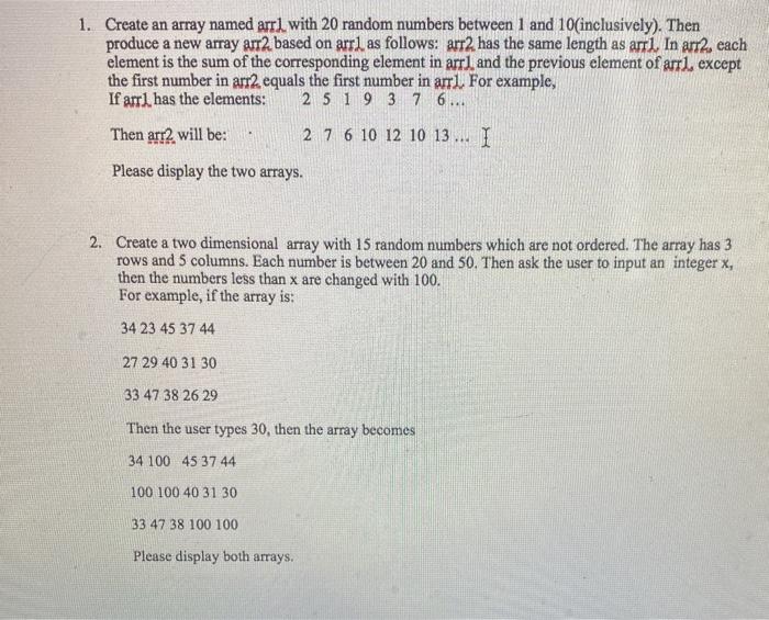 Solved 1. Create an array named arrl with 20 random numbers | Chegg.com
